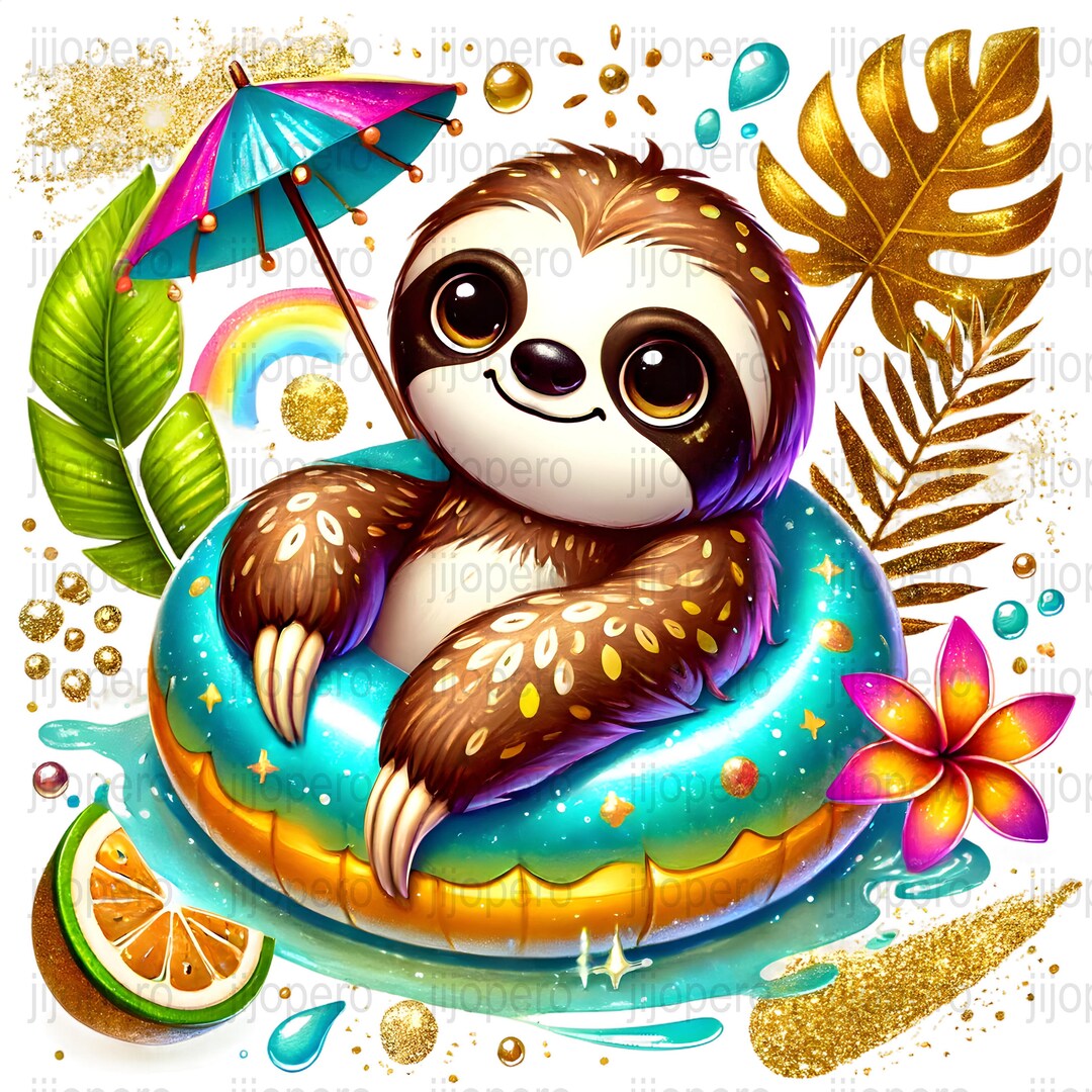Summer PNG Sloth on Tropical Donut Float, Cute Digital Clipart, Beach ...