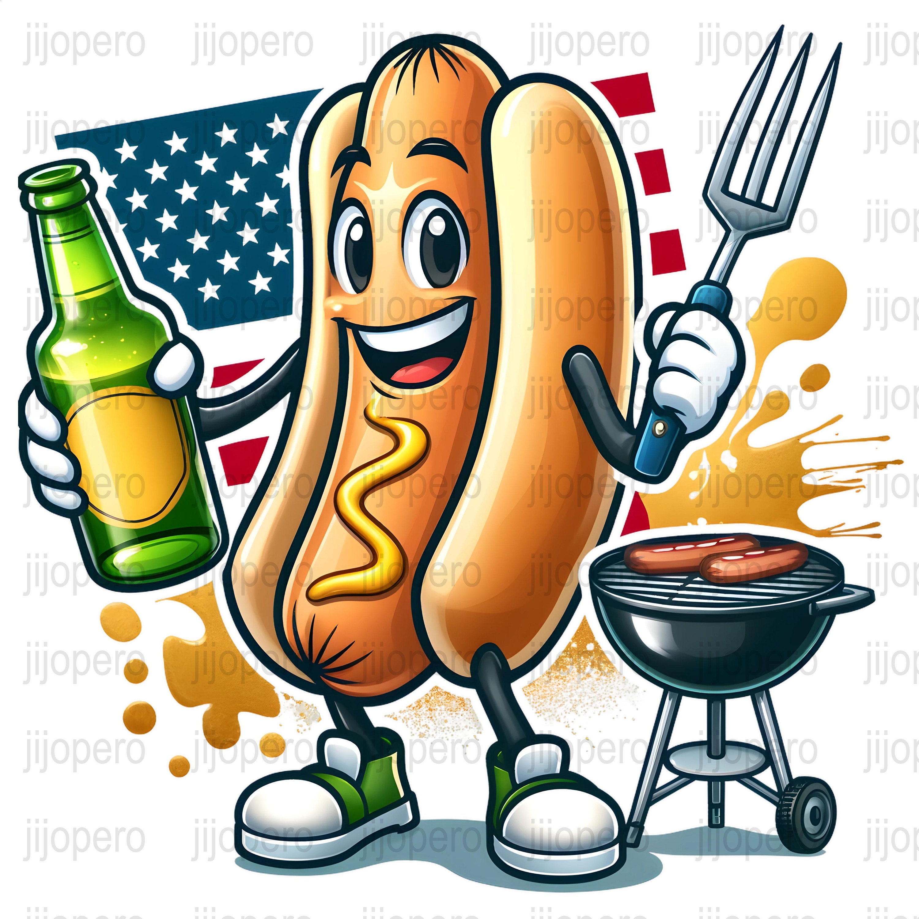 Cartoon Hot Dog BBQ Party, American Flag, Digital PNG Illustration ...