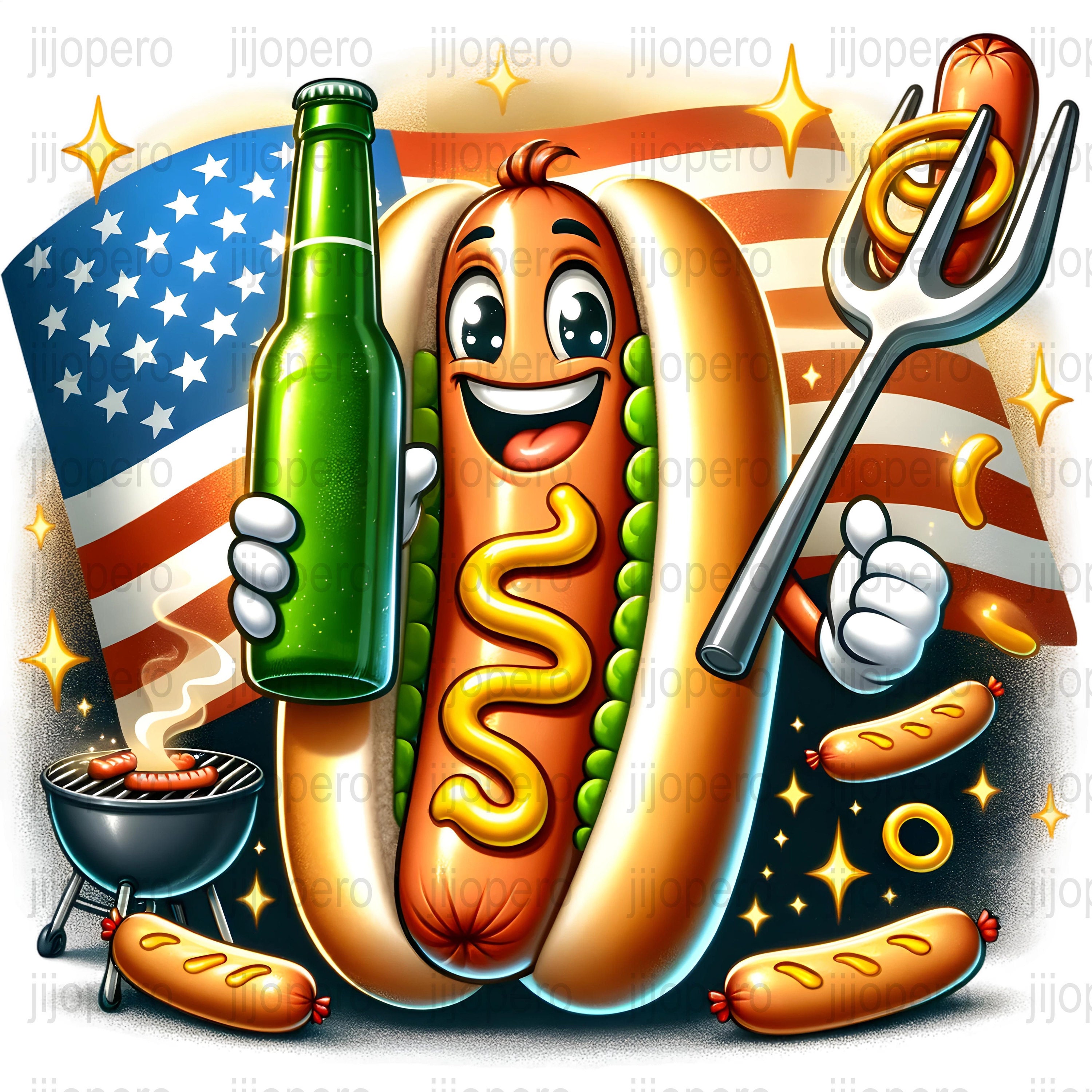 Patriotic BBQ Hot Dog Cartoon Digital PNG, Festive Fourth of July ...