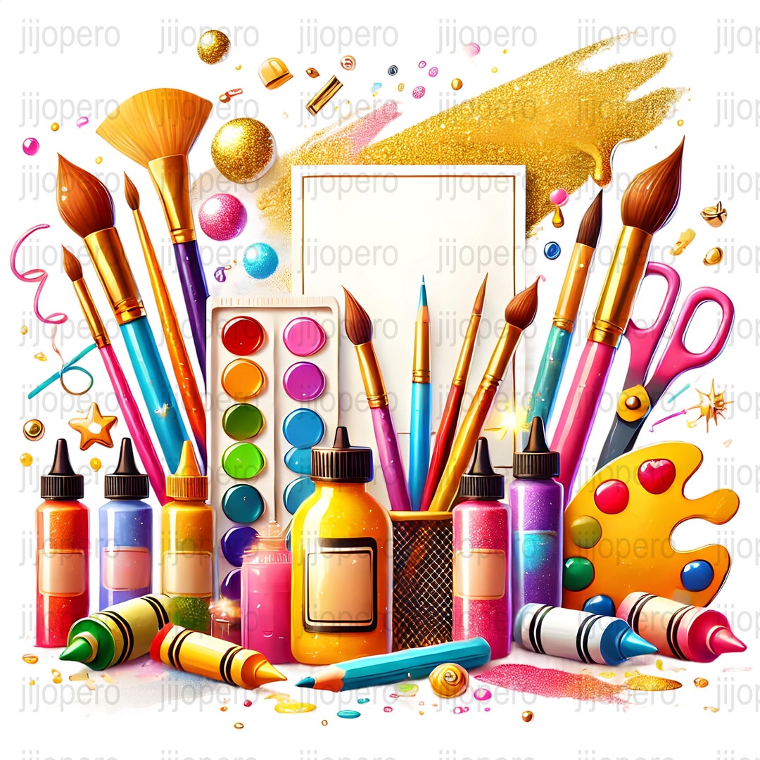 Colorful Art Supplies Graphic T-shirt, Artist Paint Brushes and Palette ...