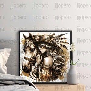 Western Boho Woman and Horse Art, Rustic Country Style Digital PNG ...