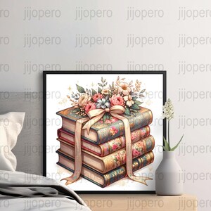 Vintage Floral Book Stack PNG, Digital Download, Old Books Illustration for Crafts and ...