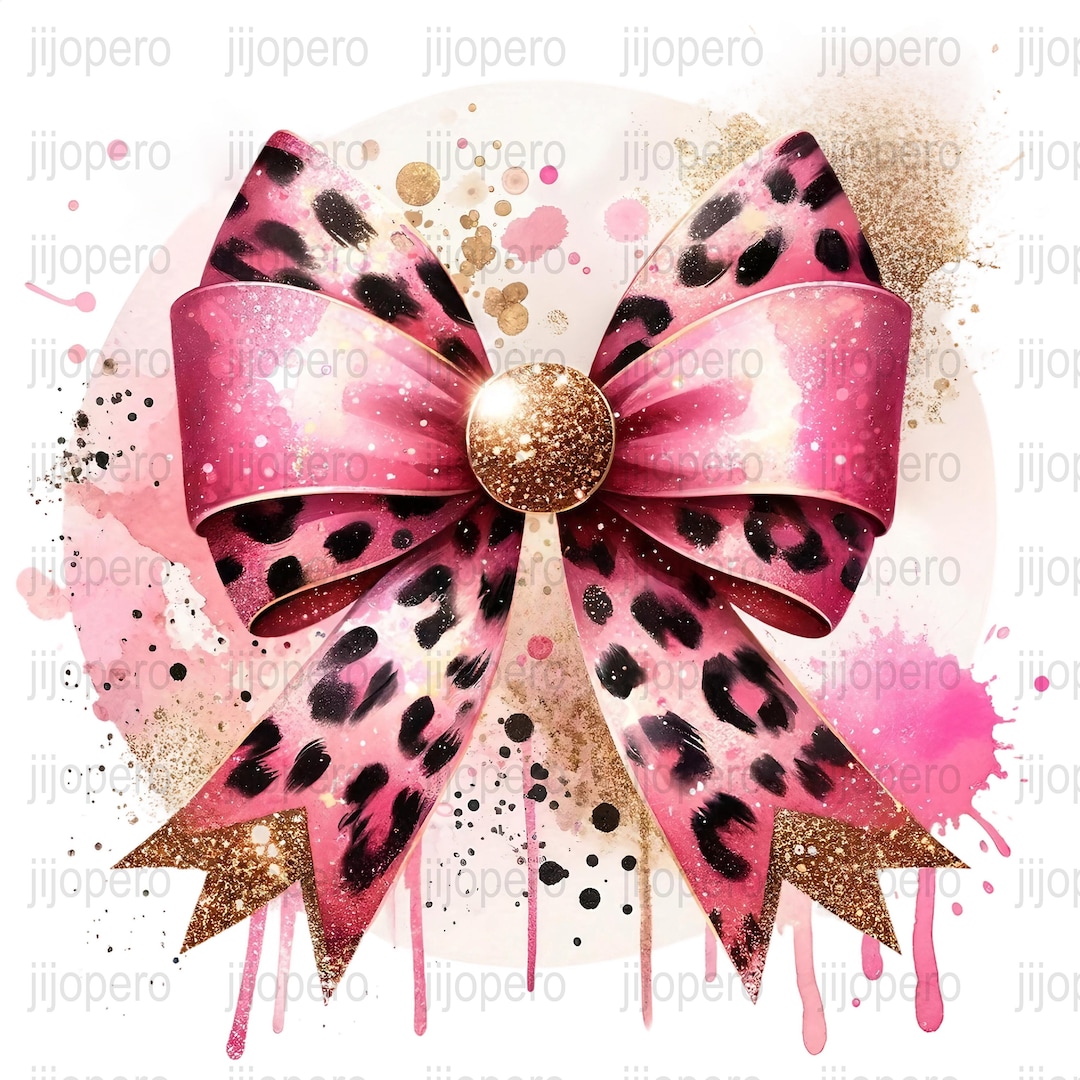 Pink Leopard Print Bow Clipart, Digital PNG, Glitter Gold Spots, Chic ...