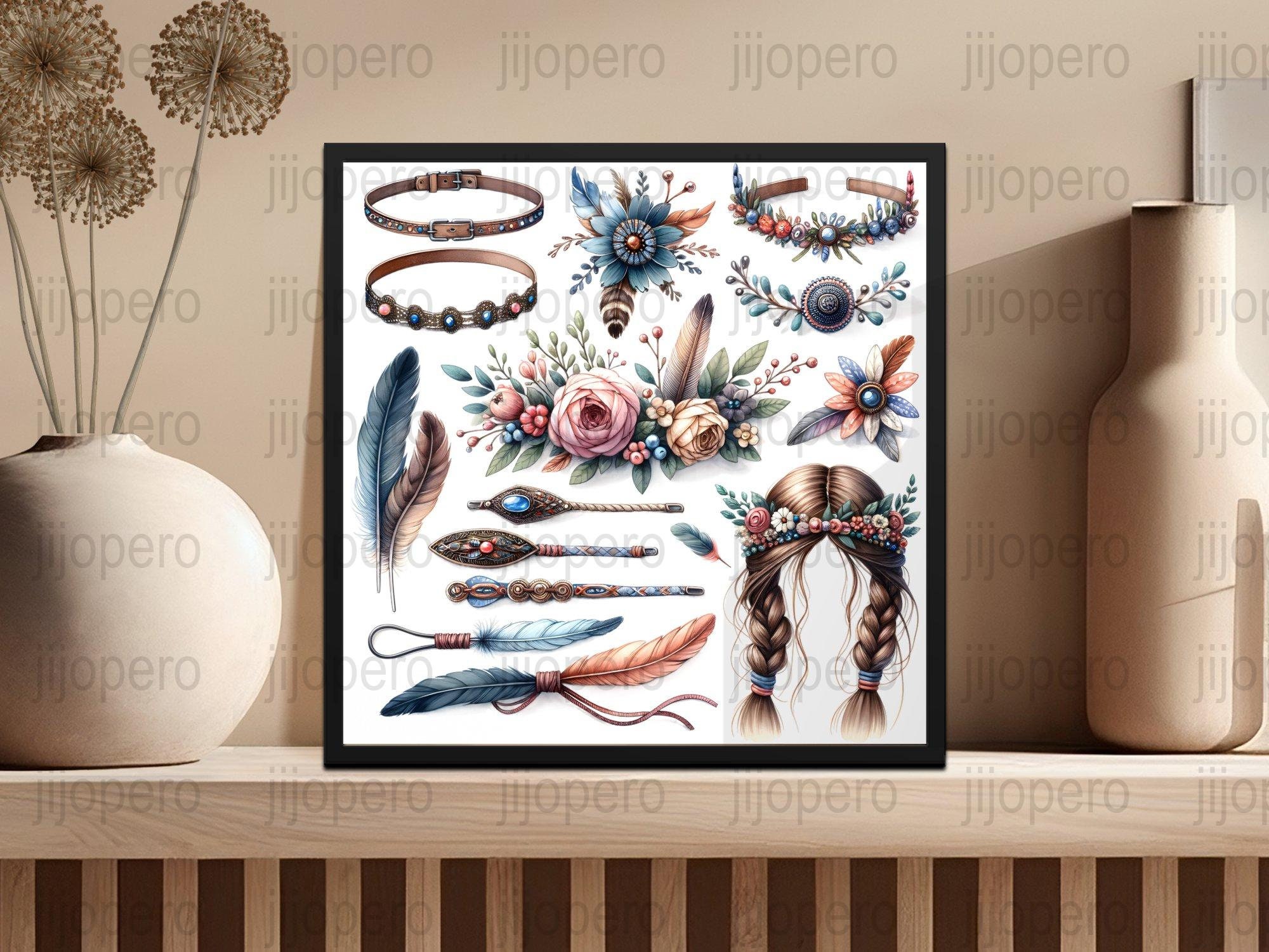 Boho Chic Digital Clipart Bundle, PNG Flowers Feathers Belts, Printable ...