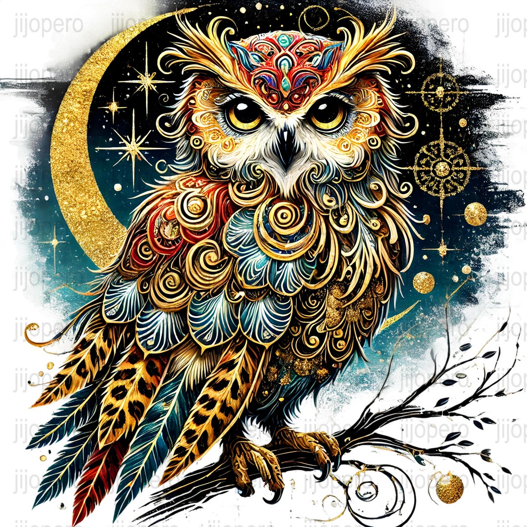 Mystical Owl Digital Art PNG, Moon and Stars Night Owl Illustration, Bohemian Decor Printable ...