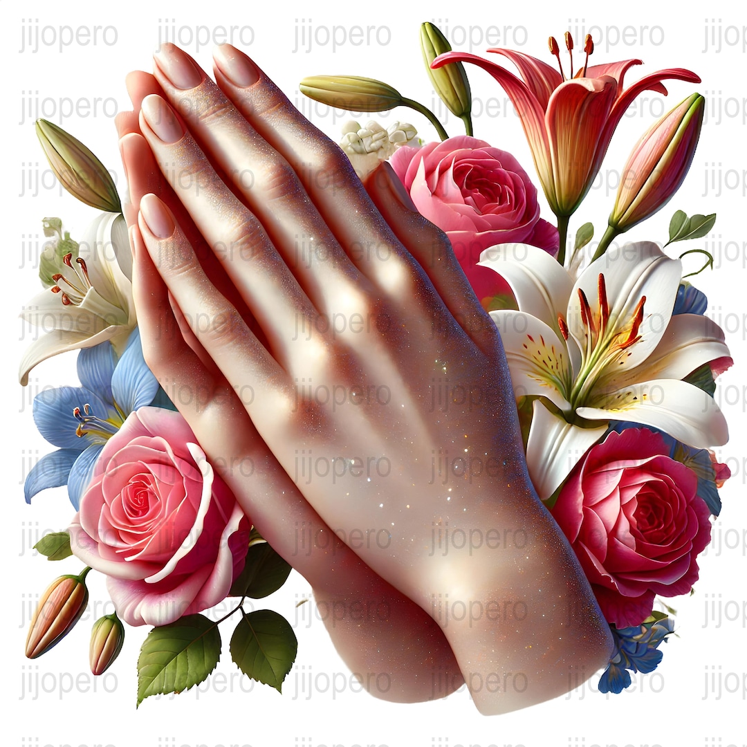 PNG Praying Hands Artwork With Colorful Flowers, Digital Download, Wall ...