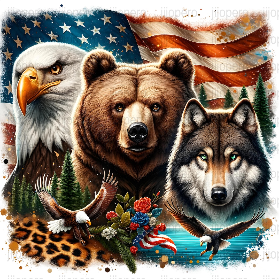 Patriotic Animals Digital Art PNG, American Flag With Eagle, Bear, Wolf ...