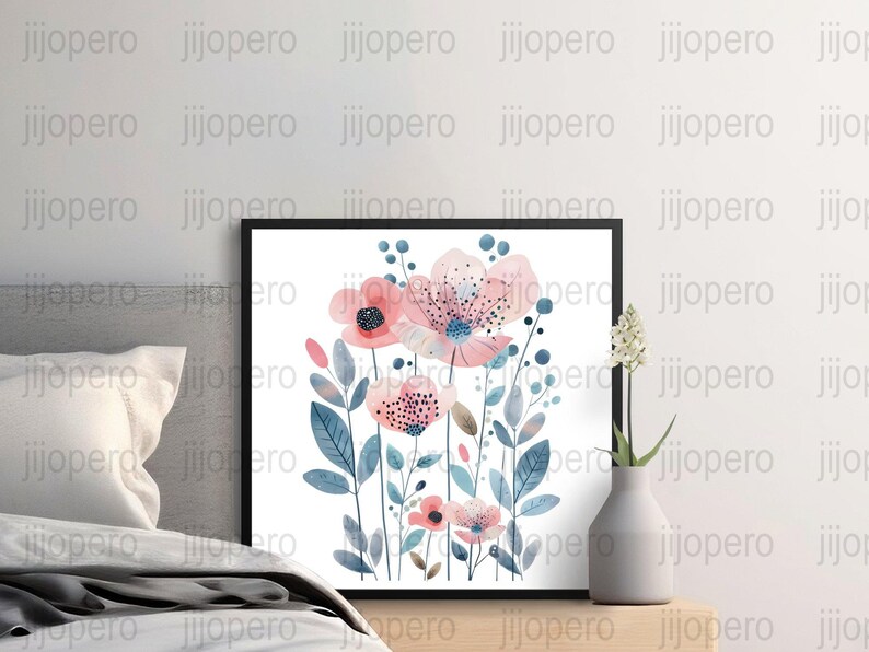 Floral Watercolor Art, Pink and Blue Flowers Digital Print, Beautiful ...