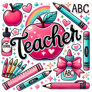 Back to School PNG, Teacher Apple Rainbow Pencils Digital Clipart ...