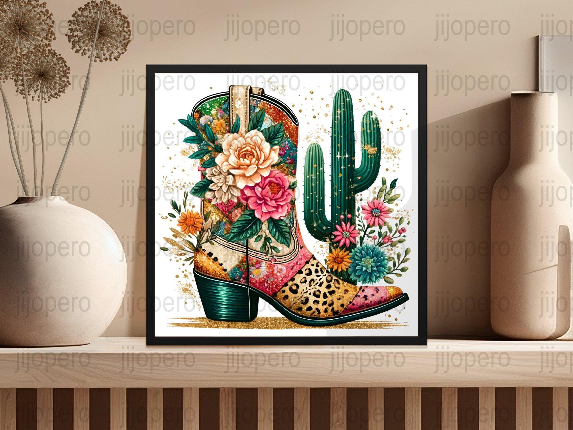 Western Floral Cowboy Boot Cactus Digital PNG, Printable Southwestern ...