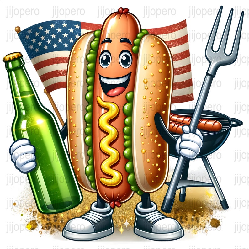 Patriotic Hot Dog Cartoon PNG, American Flag, Beer, BBQ Party Digital ...