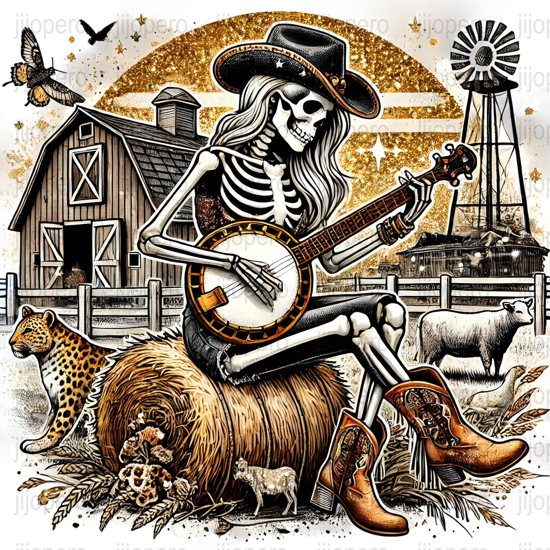 Skeleton Playing Banjo Farm Scene Digital Art PNG, Rustic Country Music ...