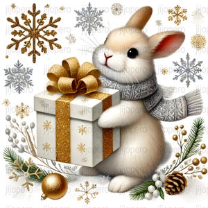 Christmas Bunny Holding Gift Clipart, Winter Holiday Animal ...