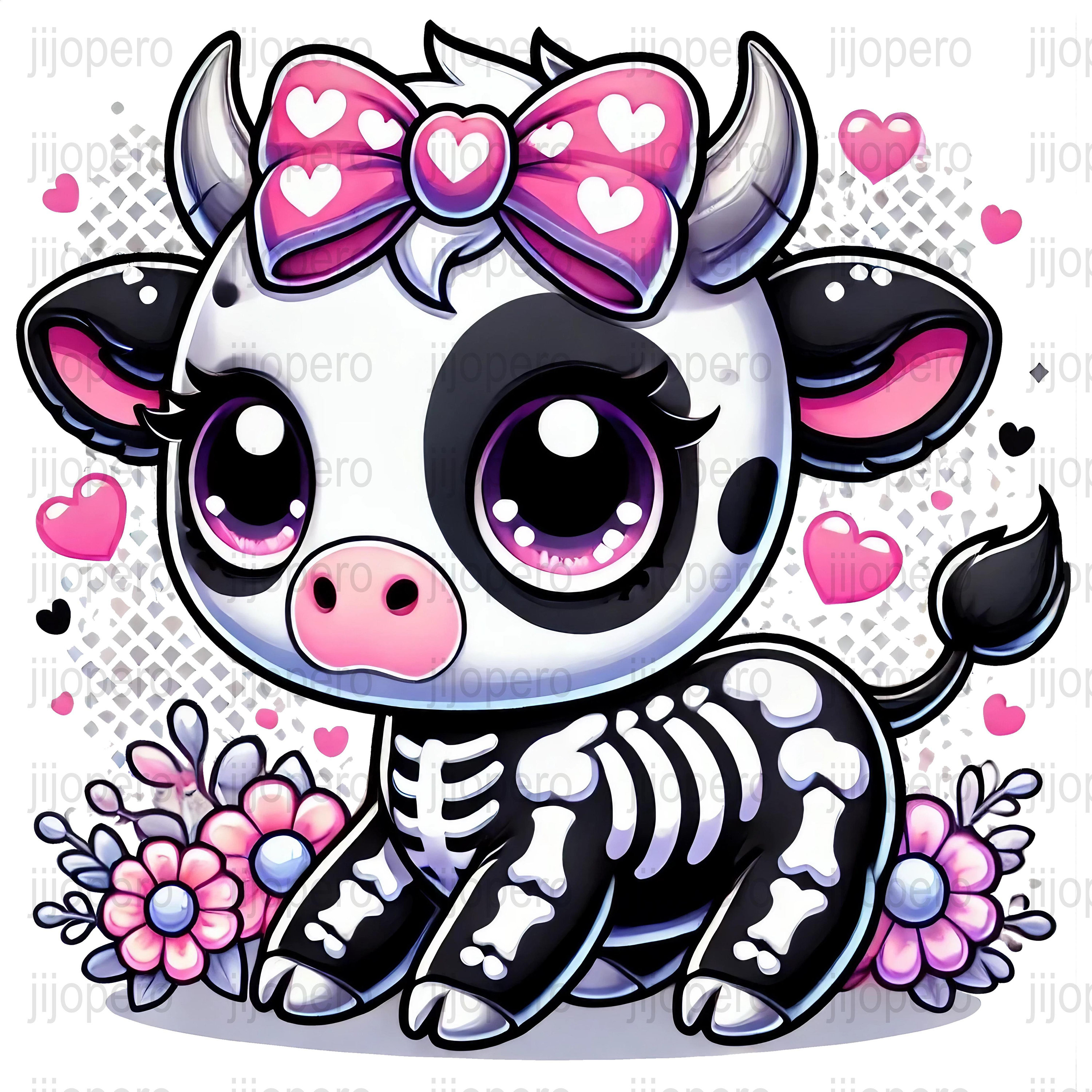 Cute Skeleton Cow Digital Art, Heart Glasses, Pink Flowers, PNG ...