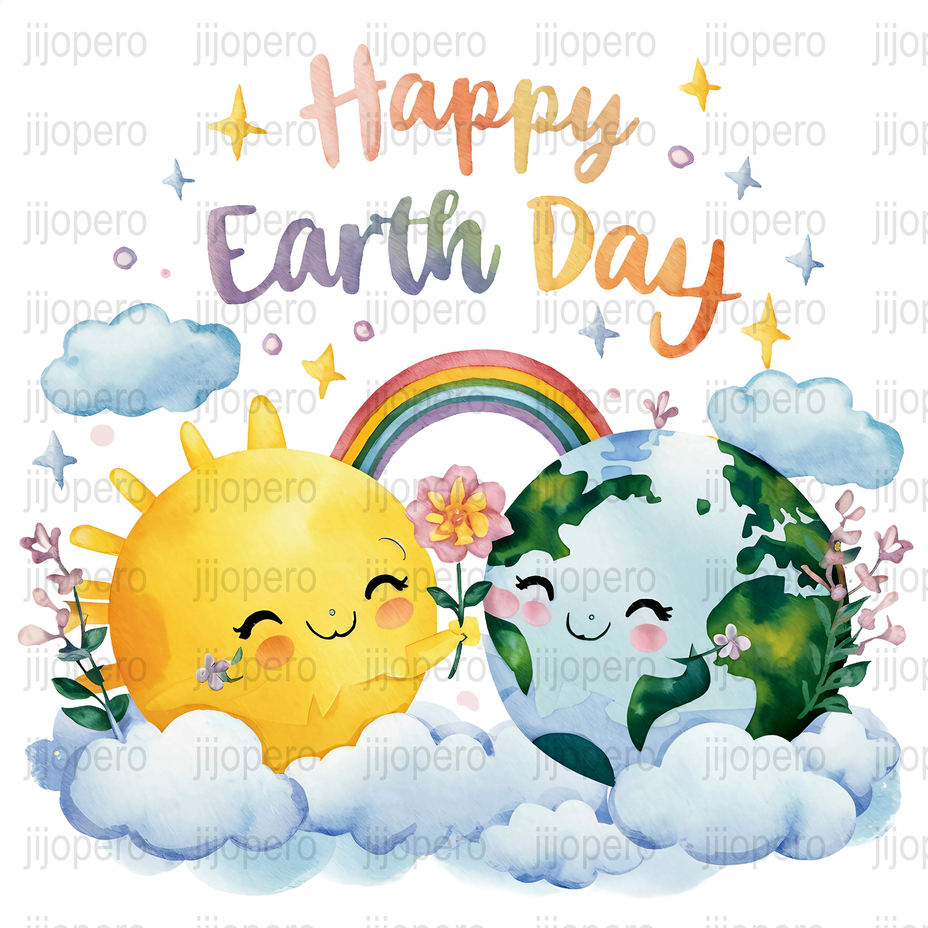 Happy Earth Day Digital Print, Cute Earth and Sun Illustration, PNG ...