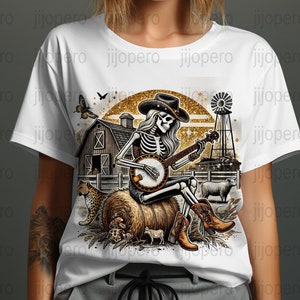 Skeleton Playing Banjo Farm Scene Digital Art PNG, Rustic Country Music ...