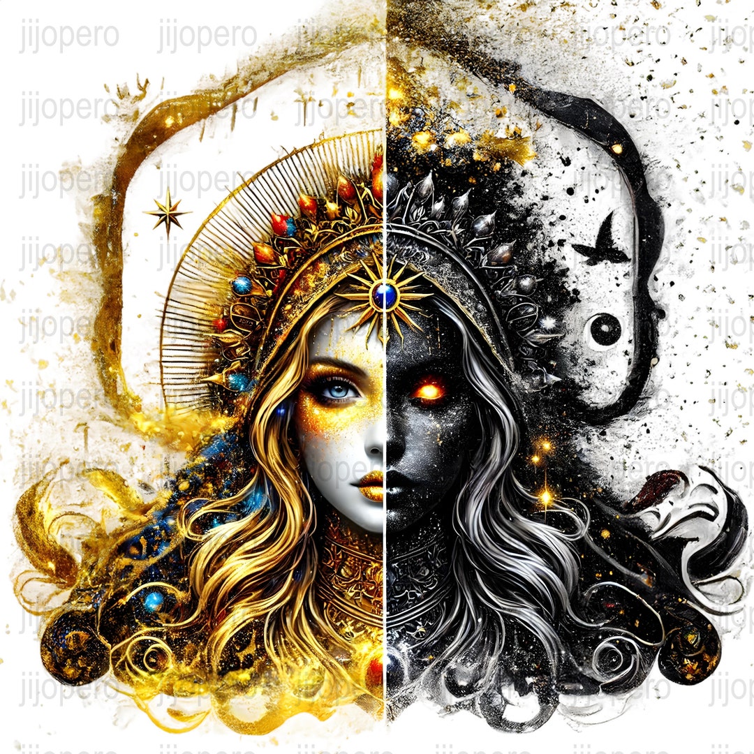 Sun Moon Goddess Art PNG, Fantasy Duality Portrait, Mystical Digital ...