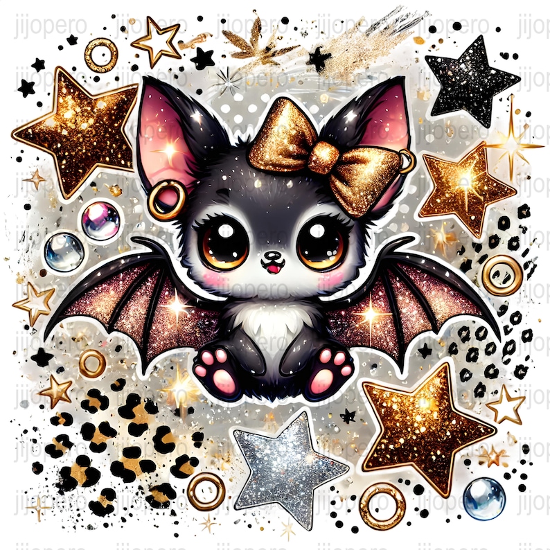 Cute Halloween Bat Clipart, Sparkly Stars and Bubbles, Digital PNG ...