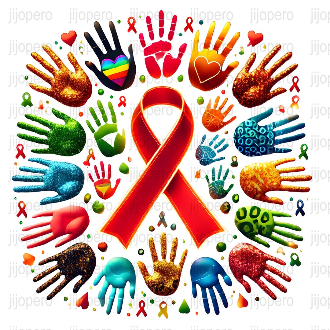 Aids Awareness Digital Png Red Ribbon Handprint Art Hiv Support ...