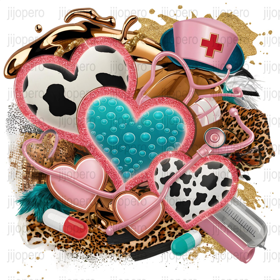 Nurse Theme Digital PNG, Cute Heart Nurse Cap Syringe Leopard Print ...