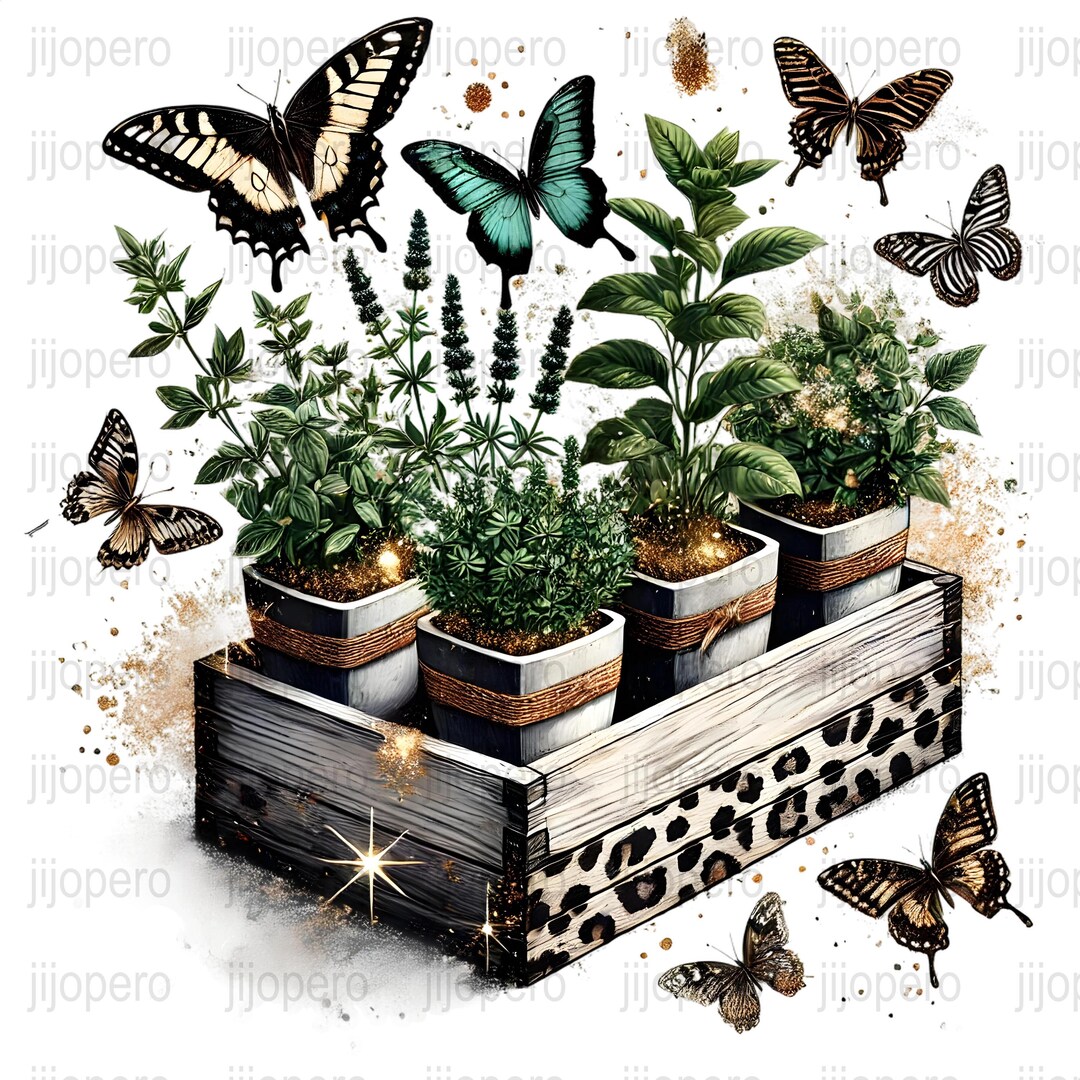 Butterfly and Herb Garden PNG, Indoor Garden Printable, Butterfly Art ...