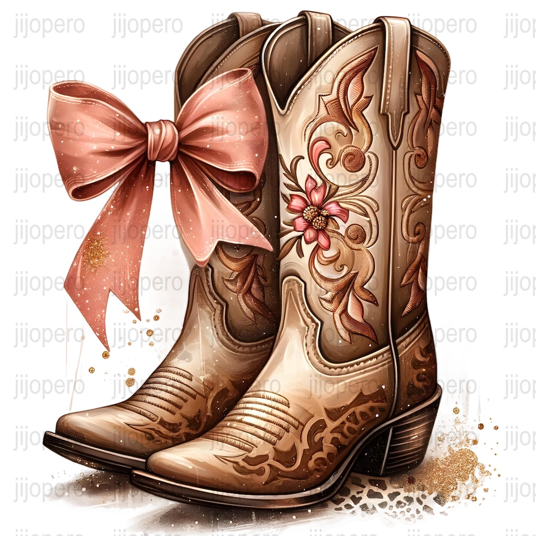 Western Cowgirl Boots Clipart, Floral Design With Bow, Rustic Country ...