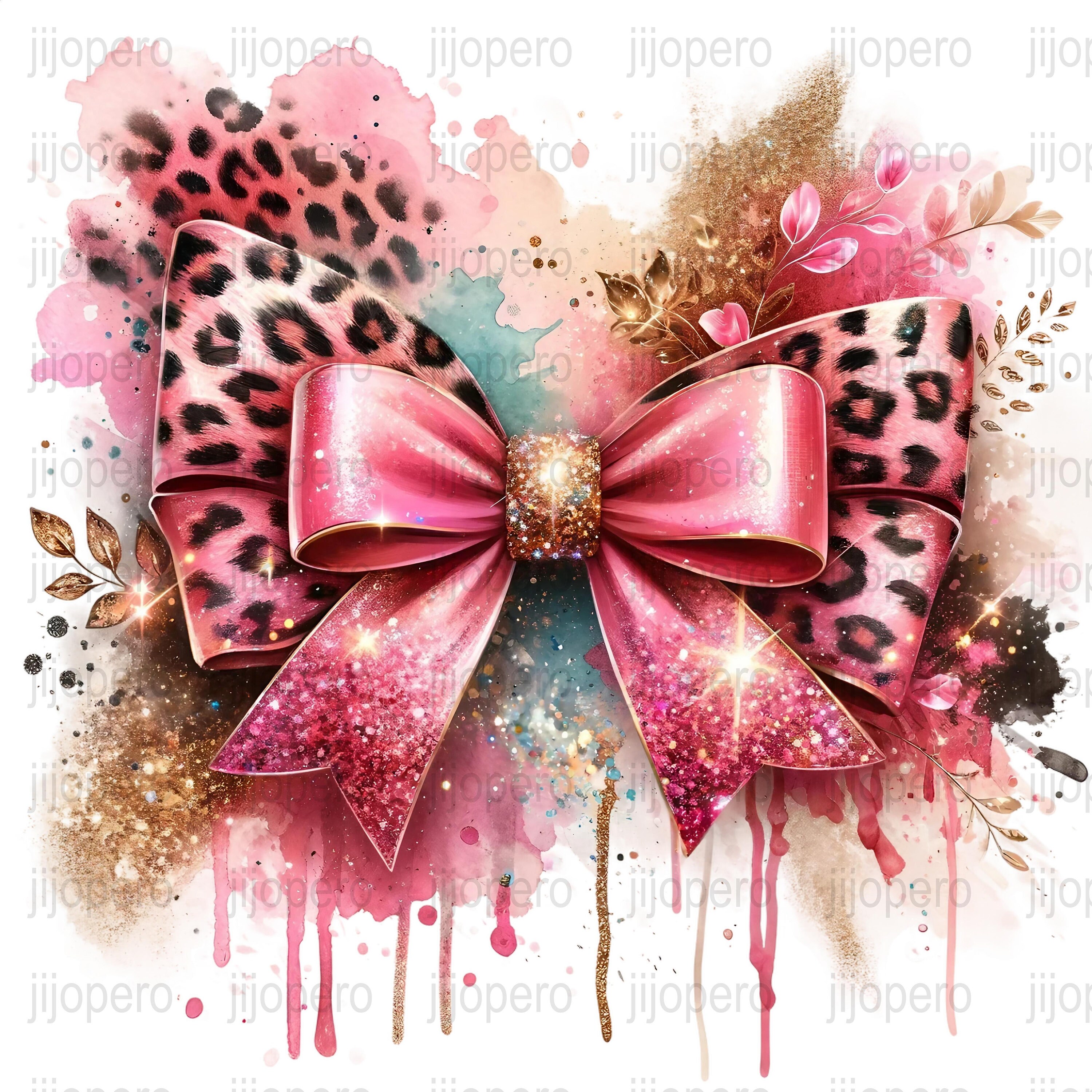 Leopard Print Bow Digital PNG, Sparkly Pink Bow Clipart, Watercolor ...
