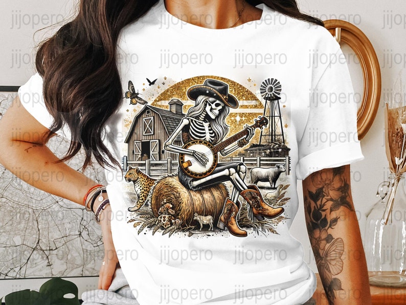 Skeleton Playing Banjo Farm Scene Digital Art PNG, Rustic Country Music ...
