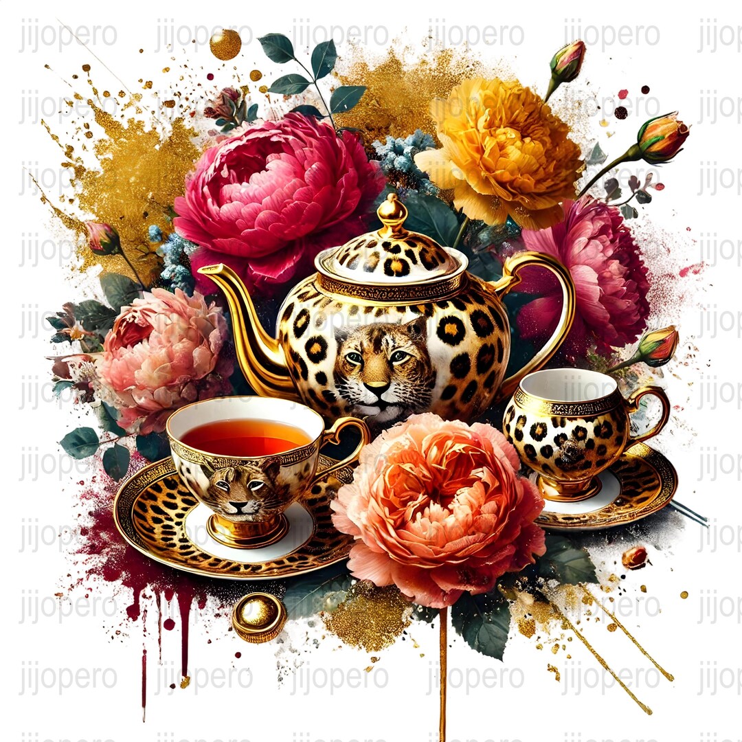 Leopard Print Tea Set Watercolor Floral Art, Botanical Tea Time Print ...