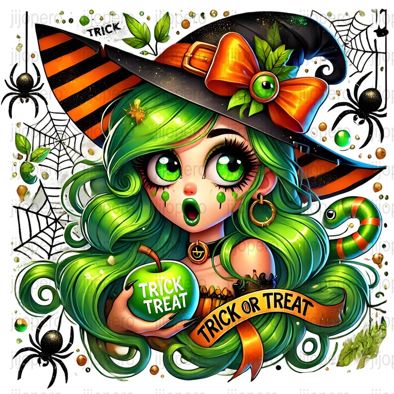 Halloween Witch Digital Art PNG, Cute Green Haired Witch Clipart ...