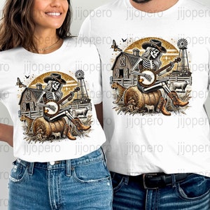 Skeleton Playing Banjo Farm Scene Digital Art PNG, Rustic Country Music ...
