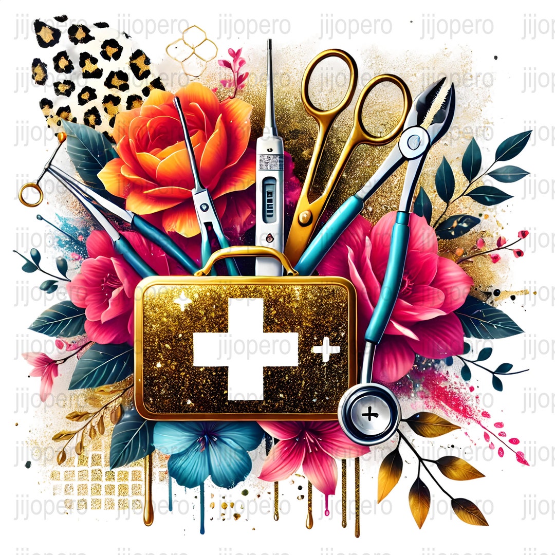 Colorful Digital Art of Medical Kit, Flowers, Scissors PNG Download for ...