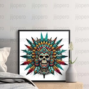 Colorful Aztec Skull Art PNG, Digital Download for Print, Tribal Skull ...