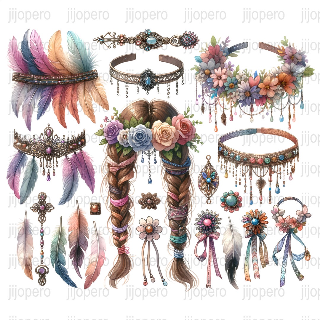 Boho Chic Digital Clipart PNG, Feather and Flower Headbands, Tribal ...