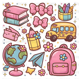 Back to School PNG Digital Clipart, Cute School Supplies, Bus, Backpack ...