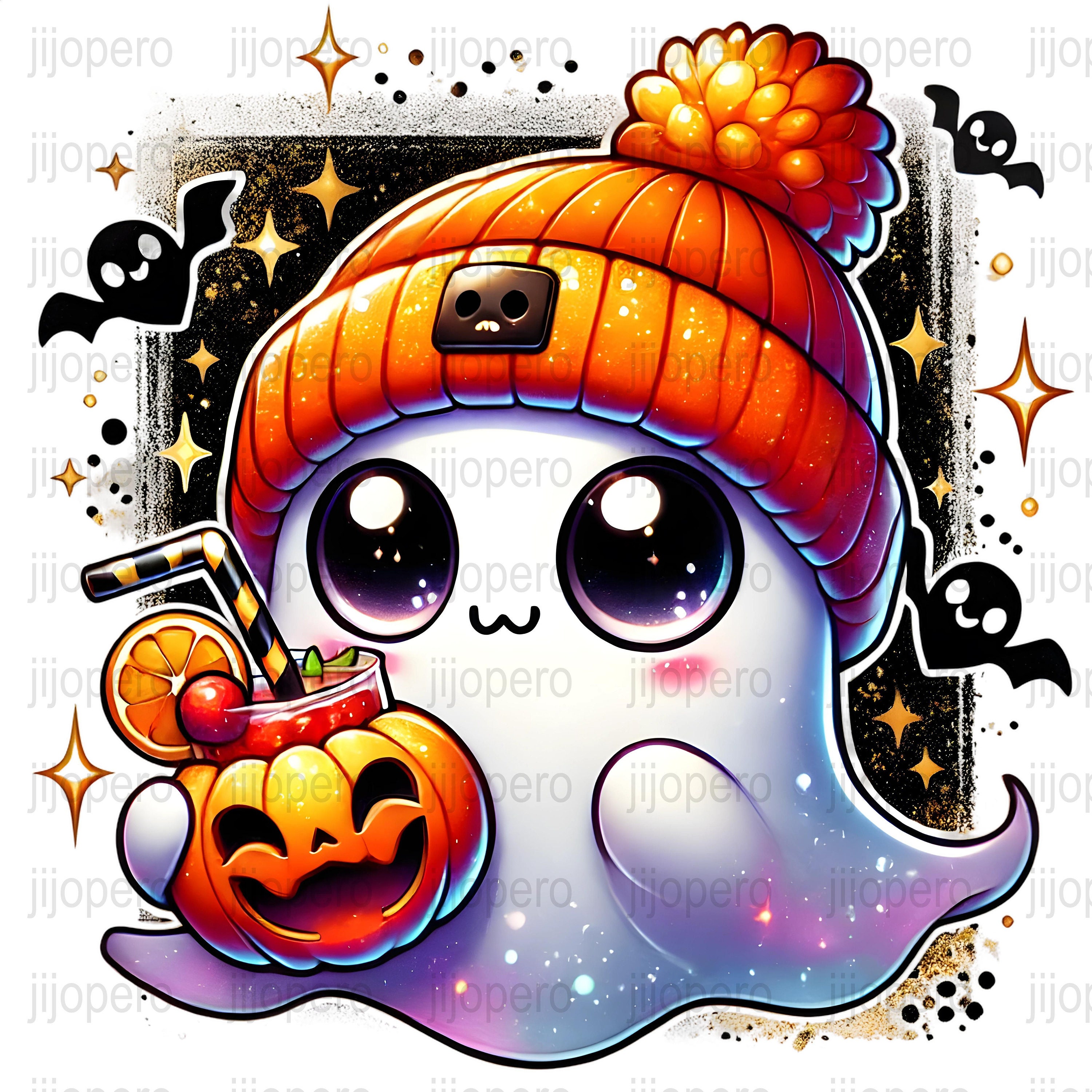 Cute Halloween Ghost PNG, Ghost With Pumpkin Drink Digital Download ...