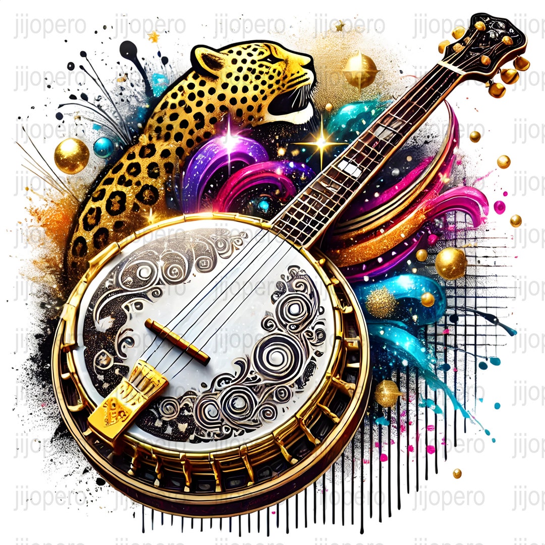 Colorful Digital Art PNG of Leopard, Banjo, and Abstract Elements ...
