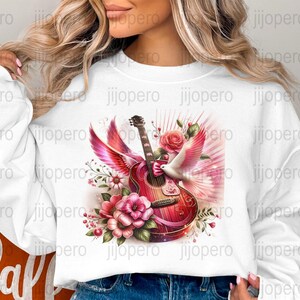Digital Art PNG Guitar Dove Flowers, Romantic Guitar With Floral and ...
