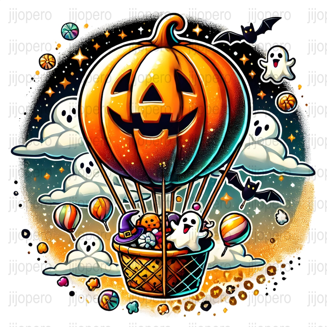 Halloween Pumpkin Hot Air Balloon Digital Art PNG, Spooky Ghosts and ...
