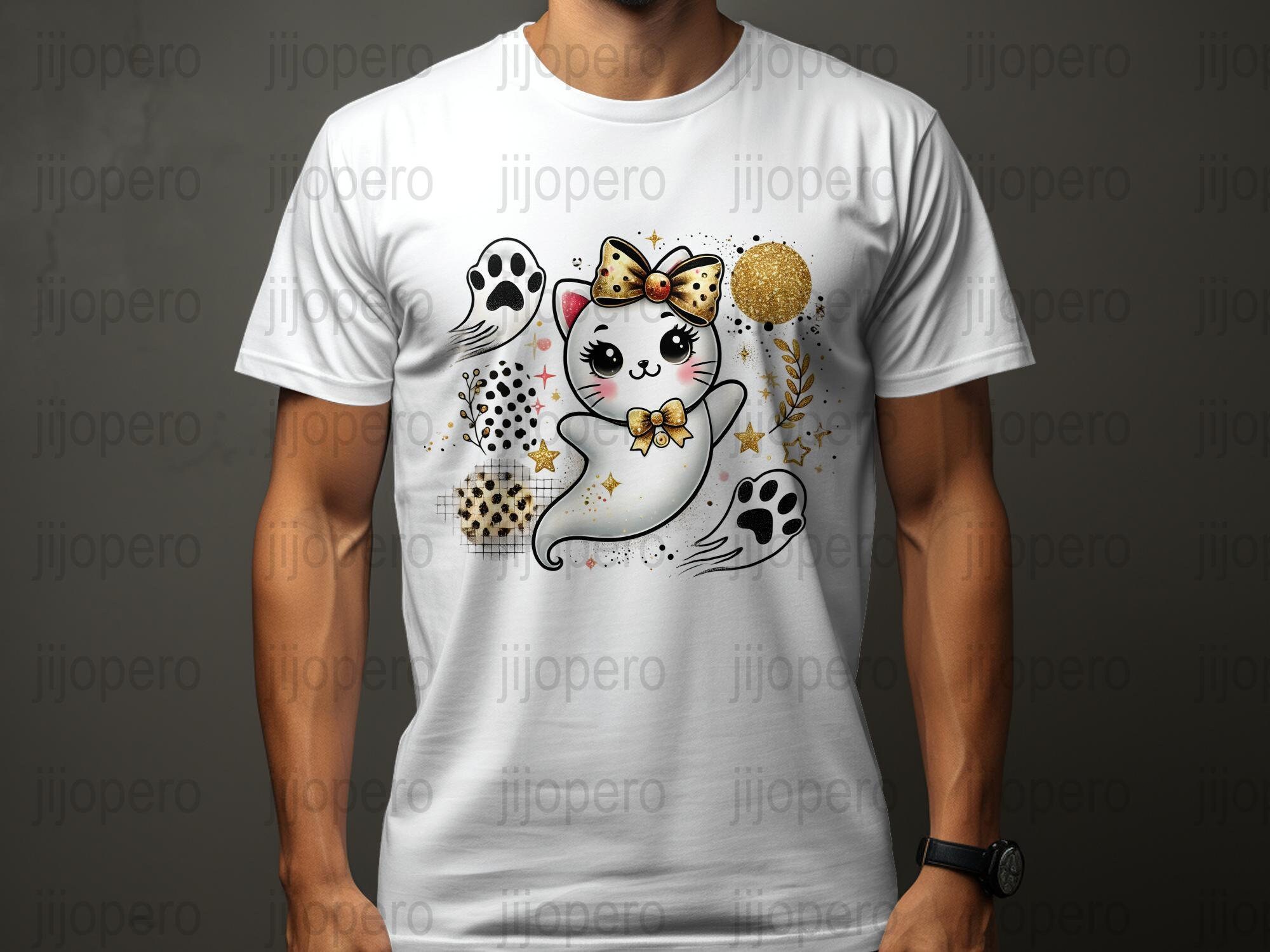 Halloween PNG Cute Ghost Cat With Bow, Golden Stars, Polka Dots Digital ...