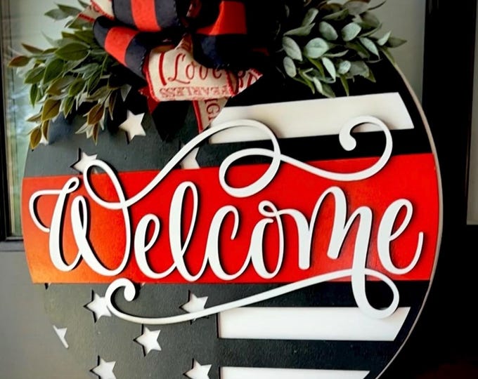 Front Door Decor, Welcome Firefighter Sign, Front Door Hanger, Door ...