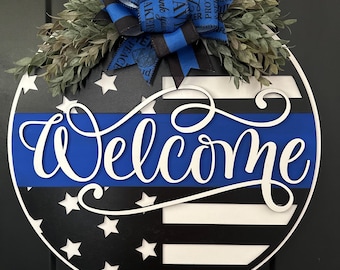 Front Door Decor, Welcome Police Back the Blue Sign, Front Door Hanger ...