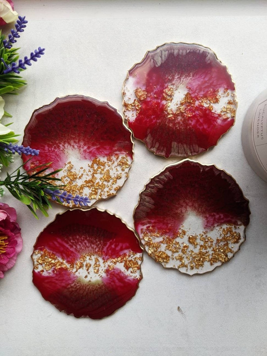 Ruby Red and Gold Coaster Set- Handmade Resin Coaster - Home Decor ...