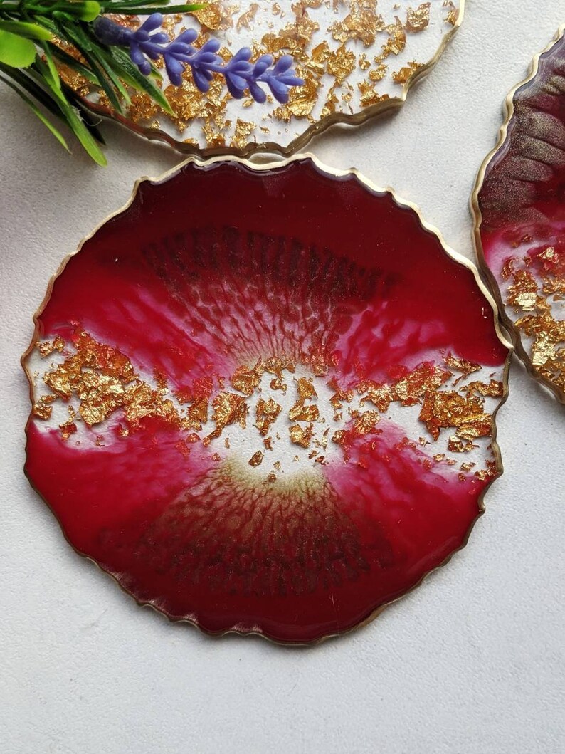 Ruby Red and Gold Coaster Set Handmade Resin Coaster Home Decor ...