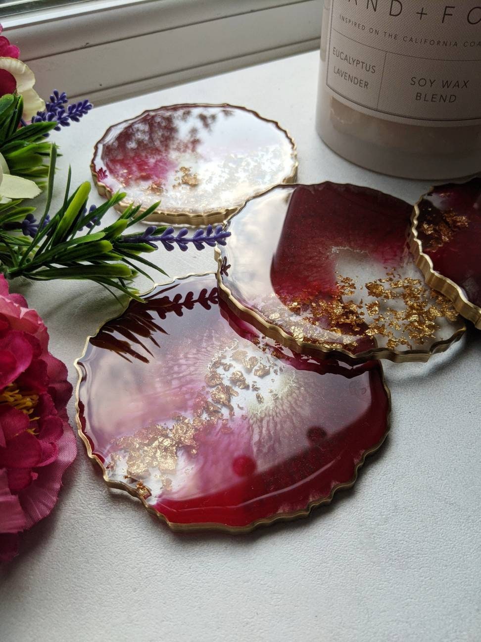 Ruby Red and Gold Coaster Set Handmade Resin Coaster Home Decor ...