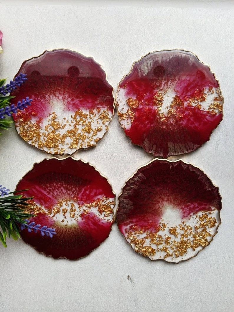Ruby Red and Gold Coaster Set Handmade Resin Coaster Home Decor ...