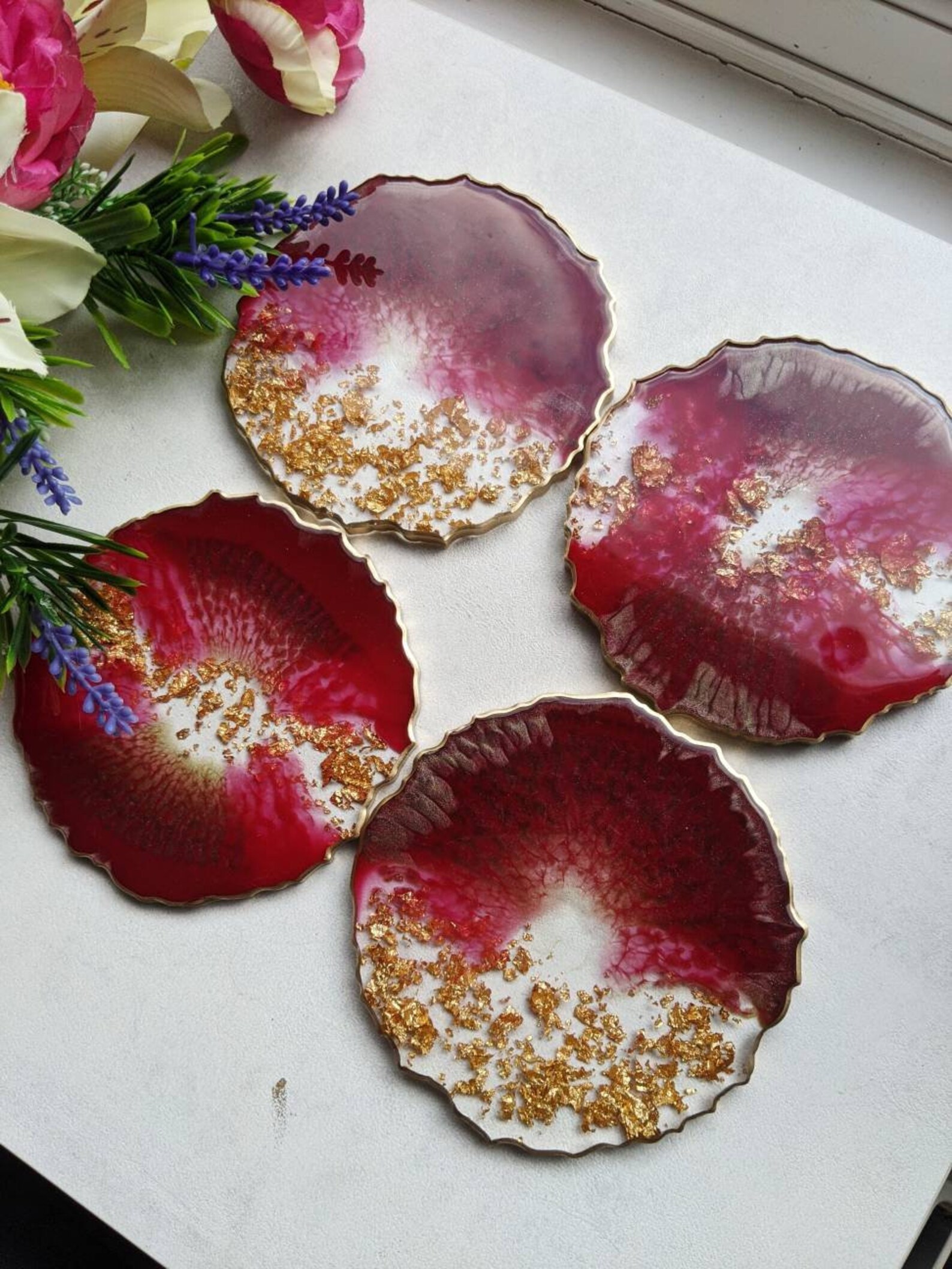 Ruby Red and Gold Coaster Set Handmade Resin Coaster Home Decor ...