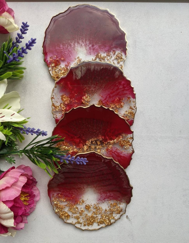Ruby Red and Gold Coaster Set Handmade Resin Coaster Home Decor ...
