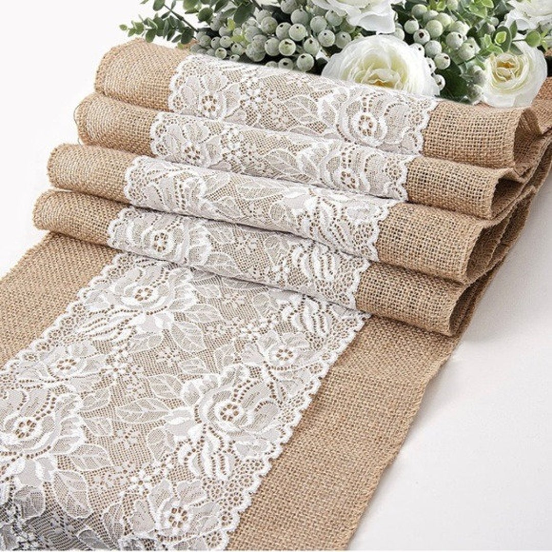 Burlap and Floral Lace Table Runner 108x11.5 - Etsy