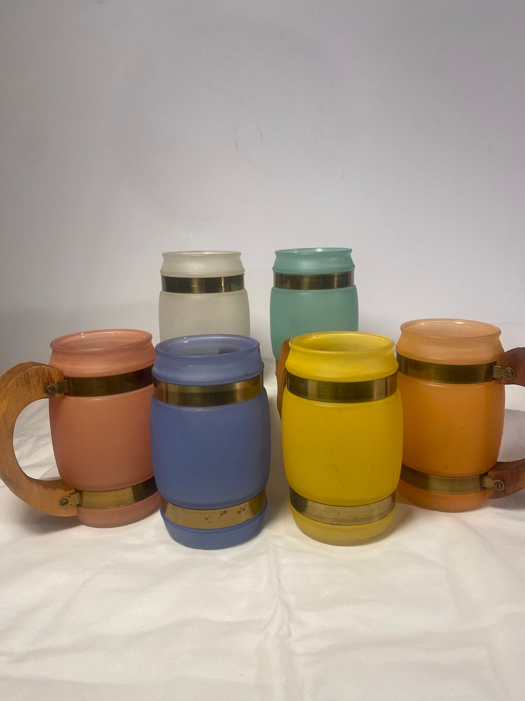 Fiesta Ware Pastel Colors Banded Barrel Mugs With Wooden Handles Set of ...